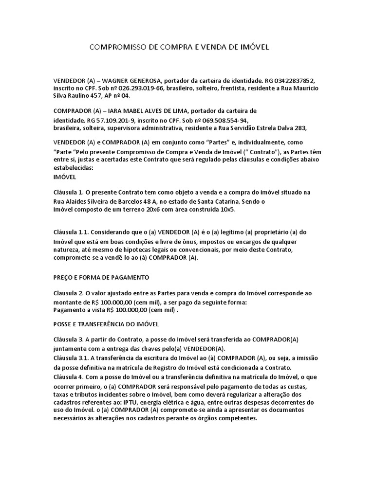 Compromisso De Compra E Venda De Imóvel Download Grátis Pdf Direito
