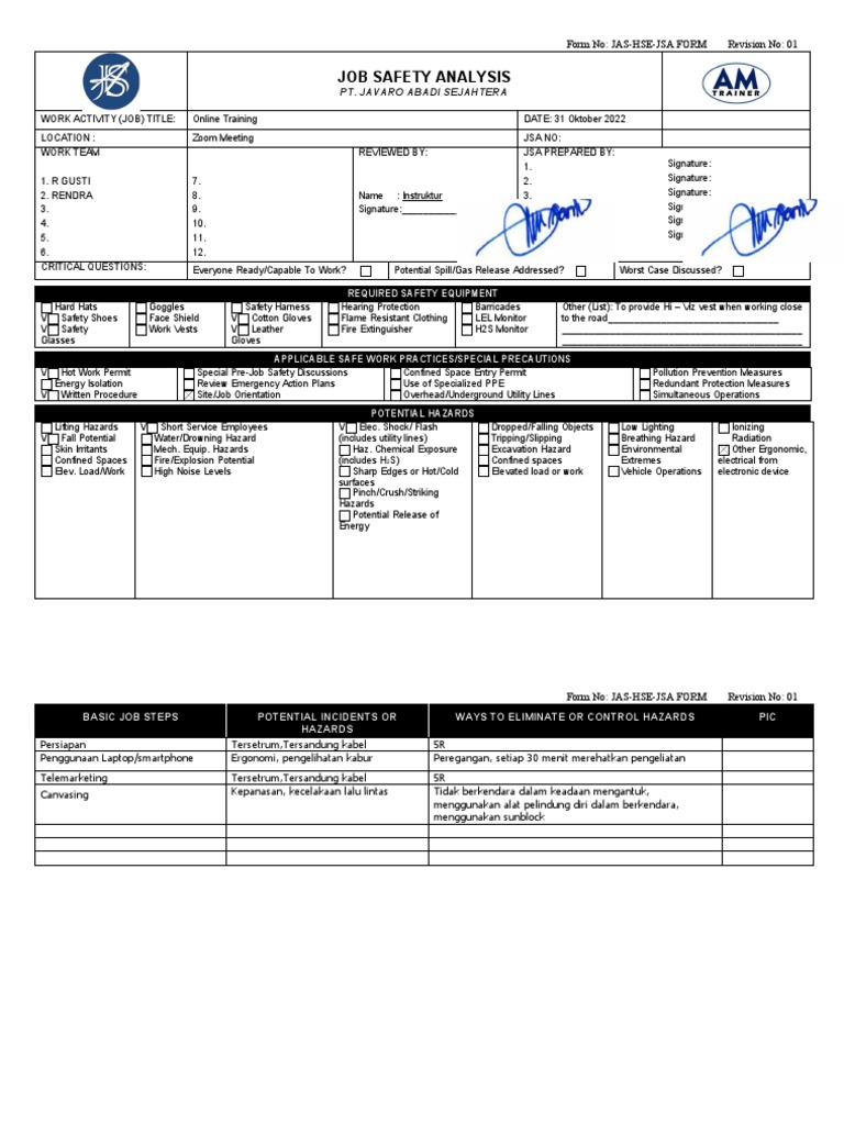 Form JSA | PDF | Personal Protective Equipment | Hazards
