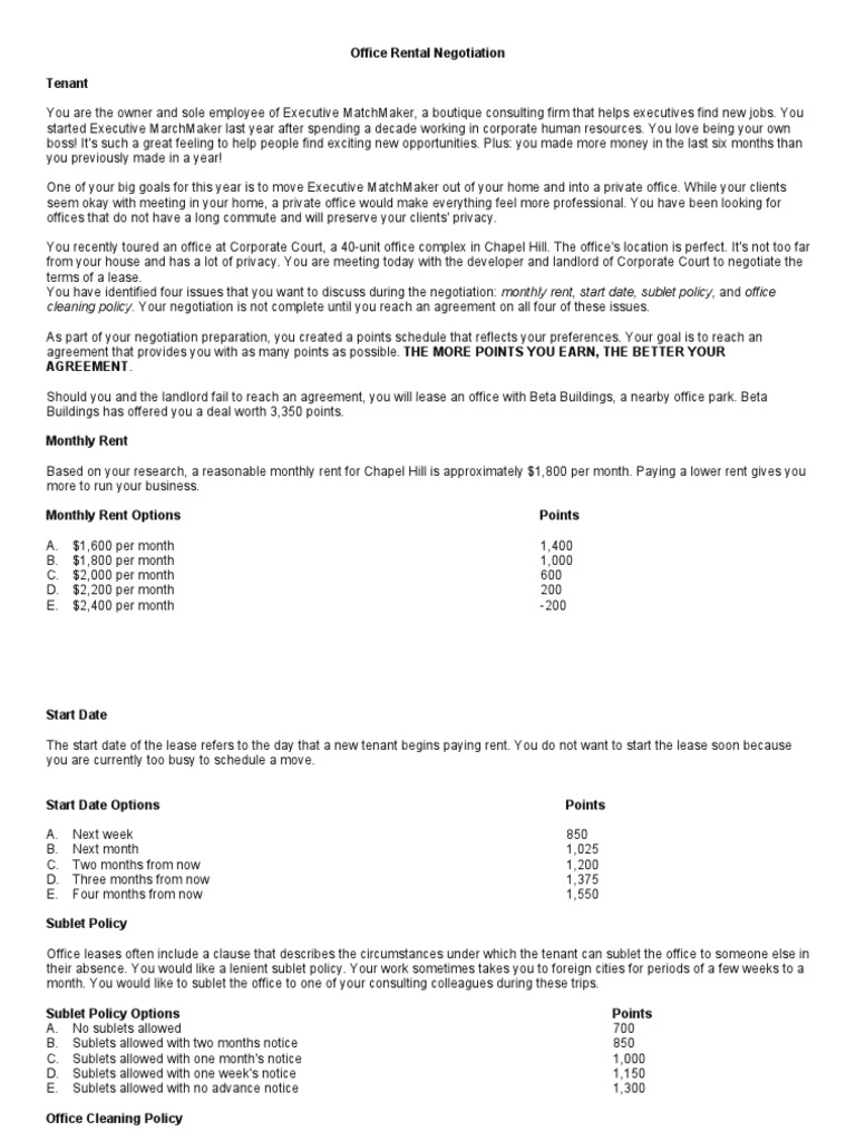 Office Rental Negotiation Simulation (Tenant Materials) | PDF | Lease ...