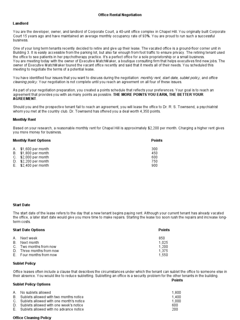 Office Rental Negotiation Simulation (Landlord Materials) | PDF | Lease ...