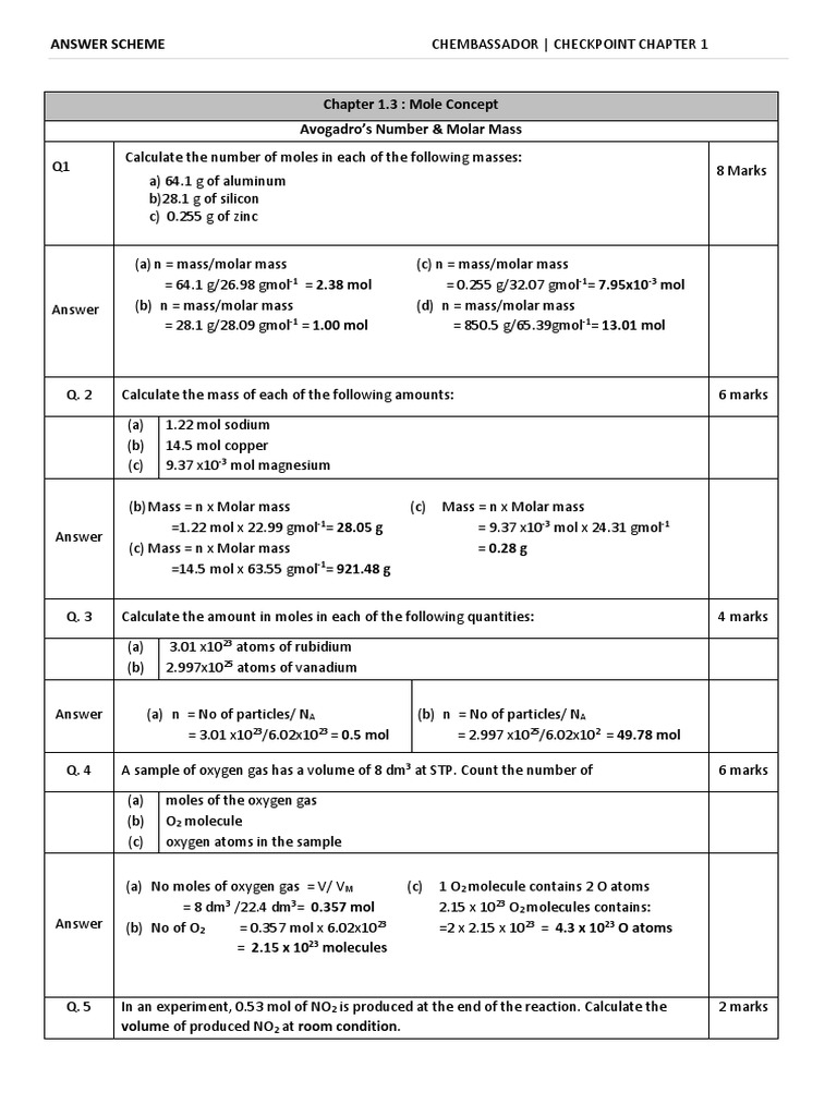 Answer Checkpoint Chapter 1 | PDF | Mole (Unit) | Mass Fraction (Chemistry)