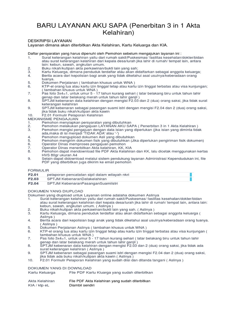Petunjuk Pengajuan Layanan LAYANAN AKU SAPA PENERBITAN 3 IN 1 AKTA KELAHIRAN | PDF
