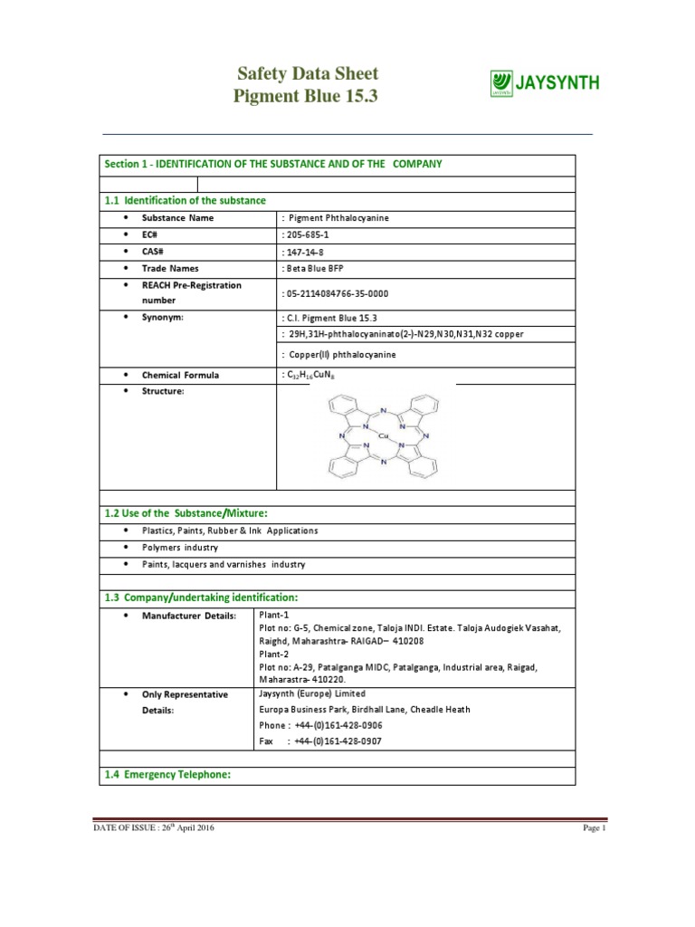 SDS - Pigmeron Beta Blue BFP | PDF | Toxicity | Occupational Safety And ...