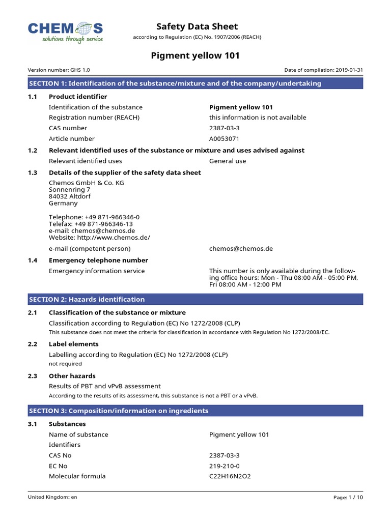 Safety Data Sheet Pigment Yellow 101: SECTION 1: Identification of The ...