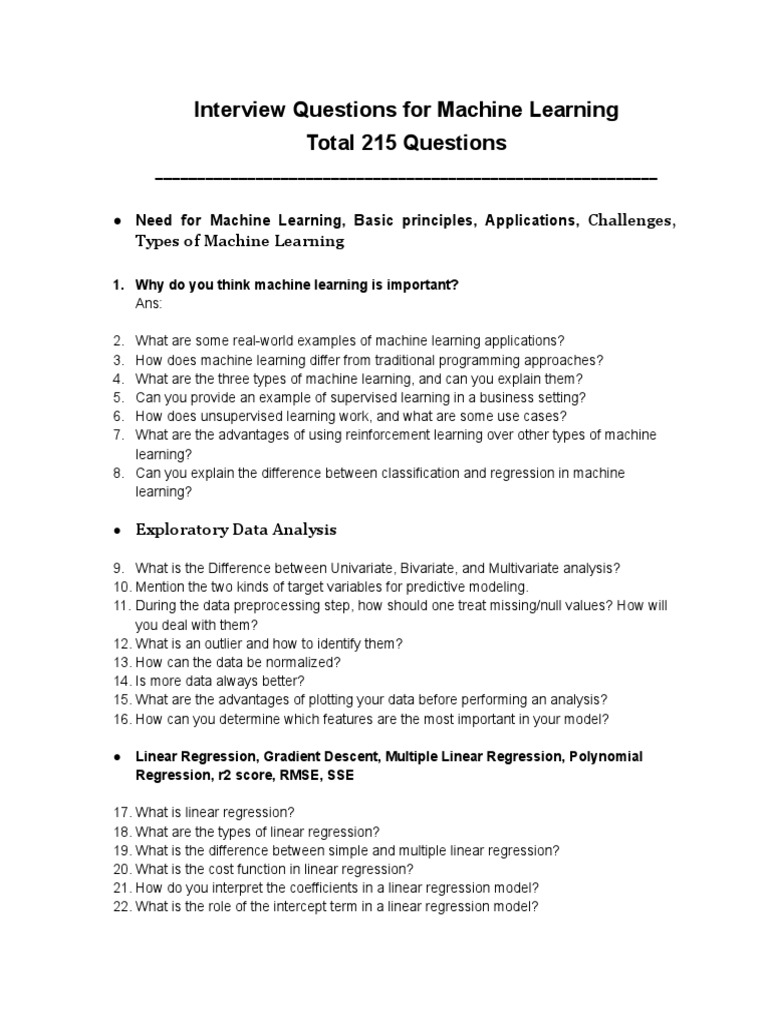 Interview Questions For Machine Learning Total 215 Questions | PDF | Cross Validation ...