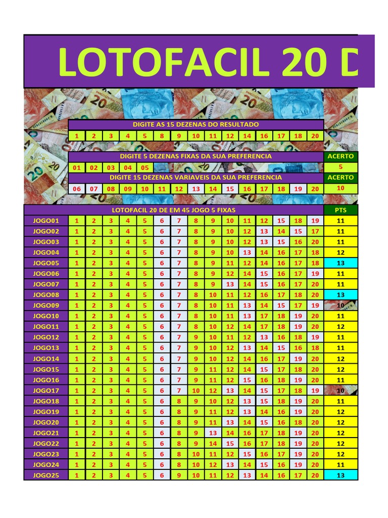 Lotofacil 20 DZ 5 Fixas 45 Jgs | PDF