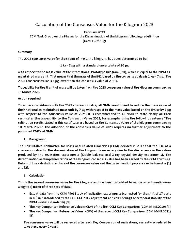 Calculation of the Consensus Value 2023 | PDF | Kilogram | Science