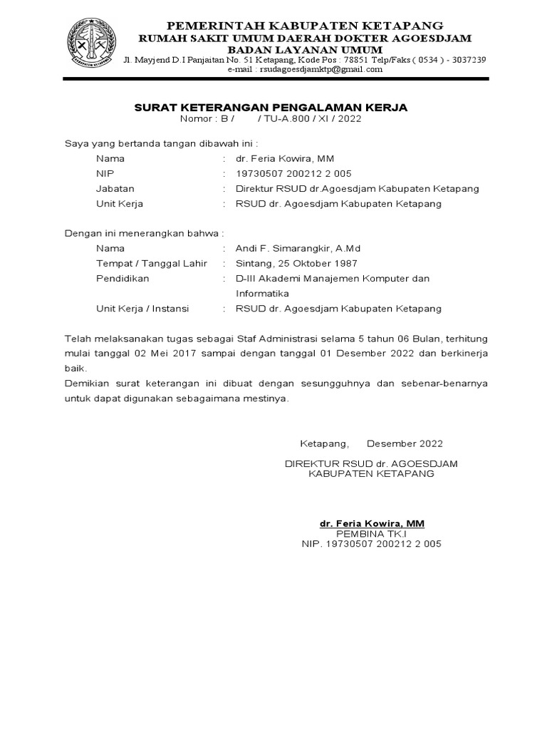 Surat Keterangan Pengalaman Kerja Andi | PDF