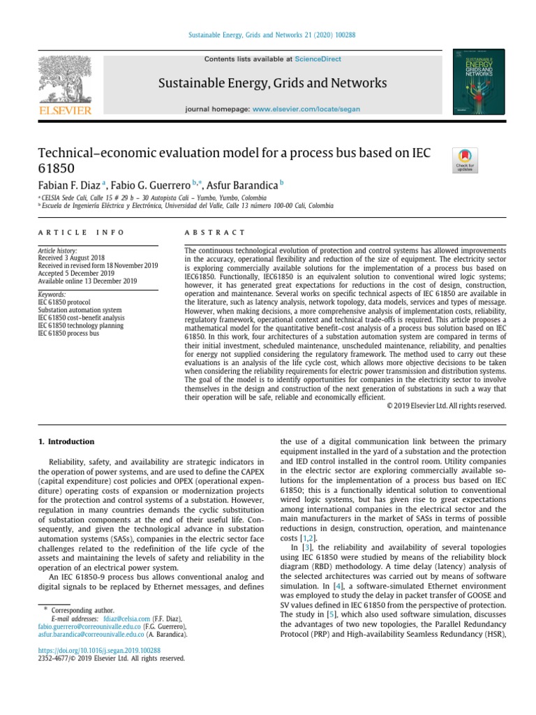 Technical-Economic Evaluation Model For A Process Bus Based On IEC ...