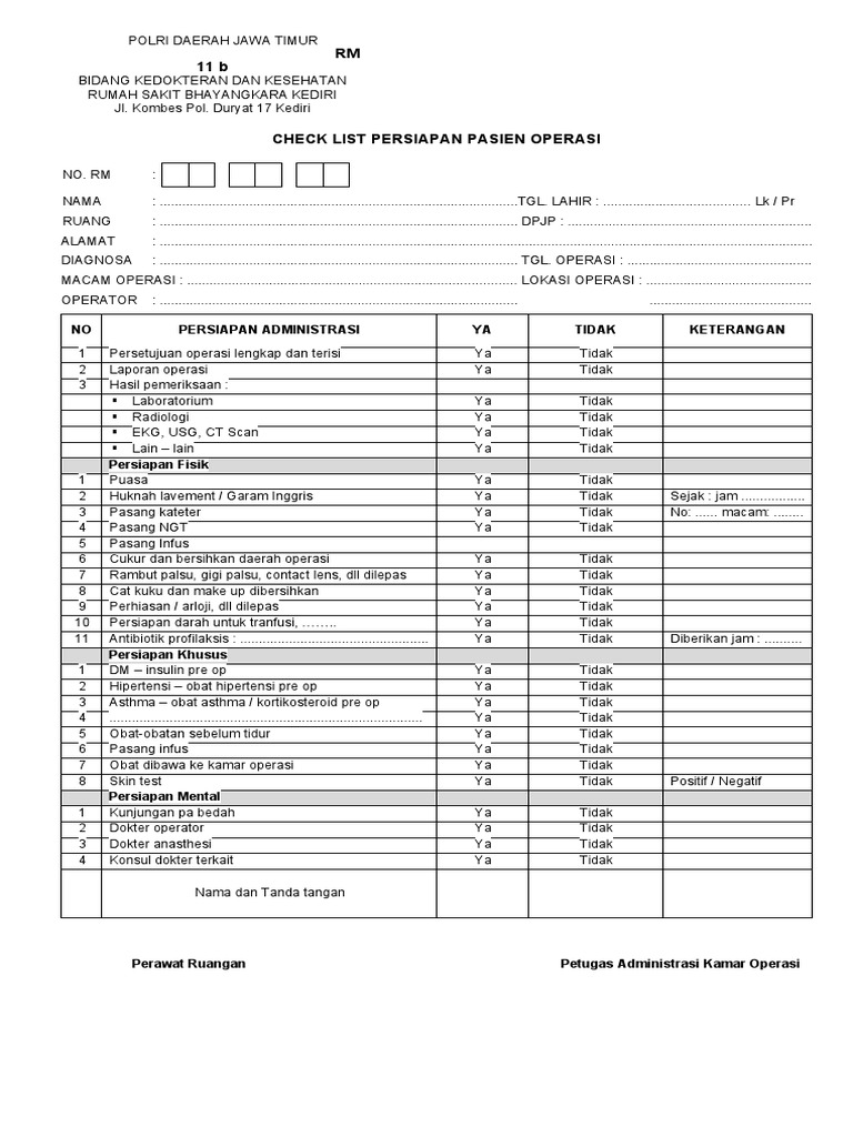 DMK 11b Form Checklist Persiapan Px Operasi | PDF