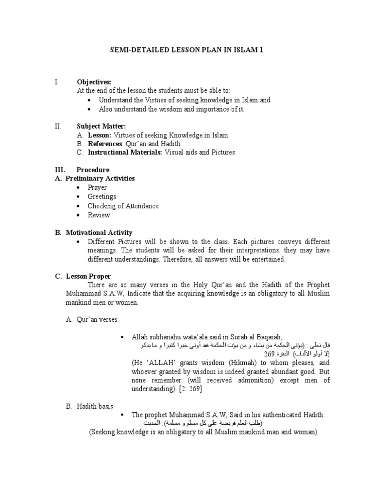Semi Detailed Lesson Plan in Islam 1 | PDF | Hadith | Quran