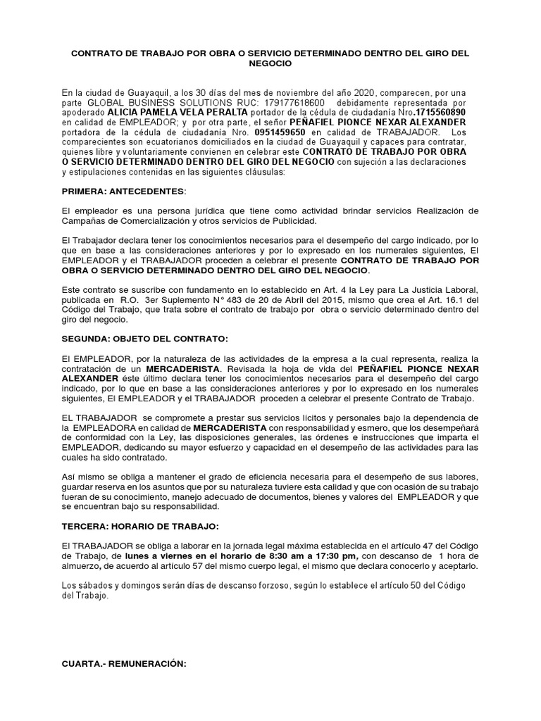Contrato de Trabajo Por Obra Cierta Nexar Benavides | PDF | Salario | Justicia