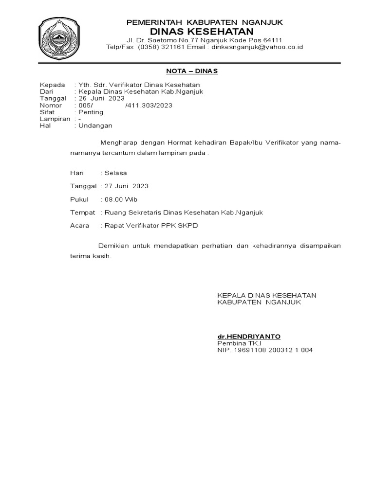 Undangan Rapat Verifikator Dinas Kesehatan | PDF