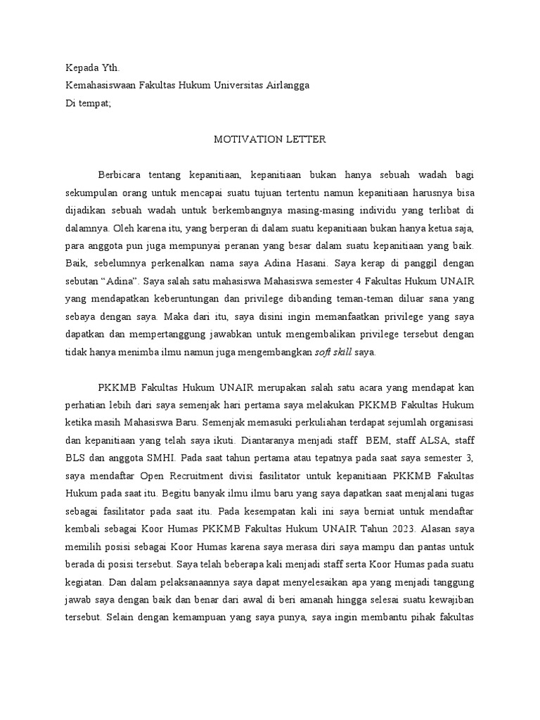 Motivation Letter PKKMB - Adina Hasani | PDF
