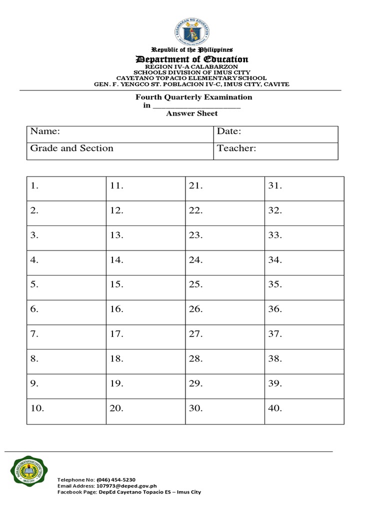 Answer Sheets Per Subject Area | PDF