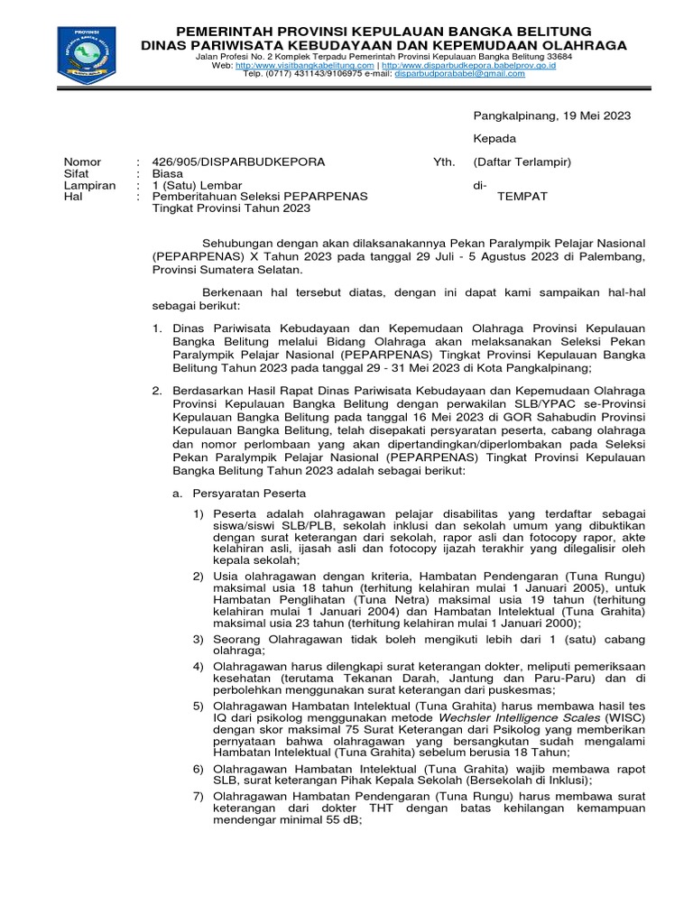 Surat Penyampaian Juknis Peparpenas 2023 | PDF