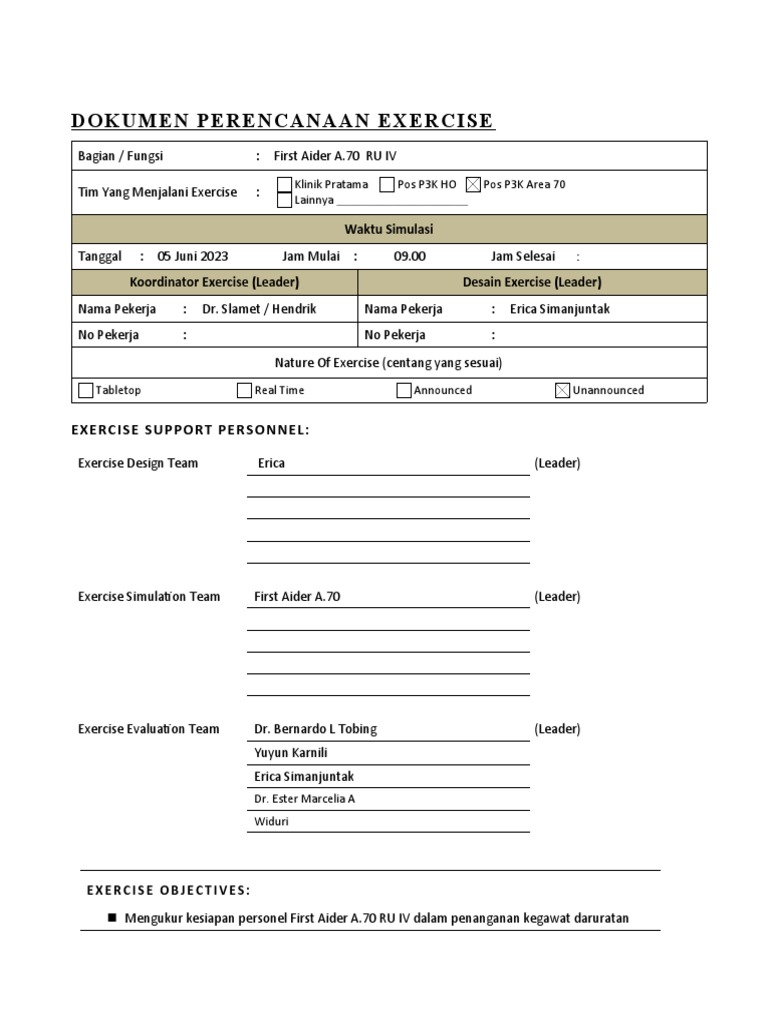 Dokumen Perencanaan Exercise Cardiac Arrest | PDF