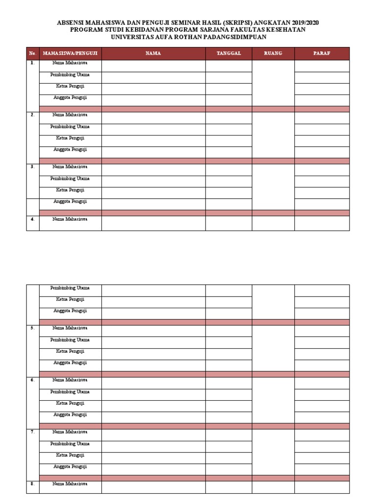Absensi Seminar Skripsi Kebidanan 2020 | PDF