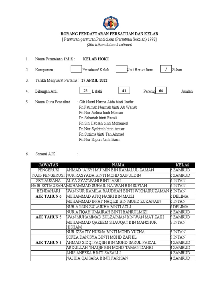 Borang Pendaftaran Kelab Hoki | PDF