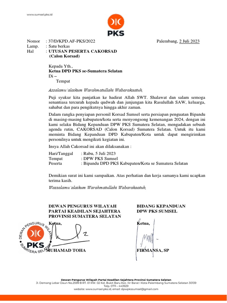 Surat Pemberitahuan CAKORSAD Ke DPD Se Sumsel | PDF