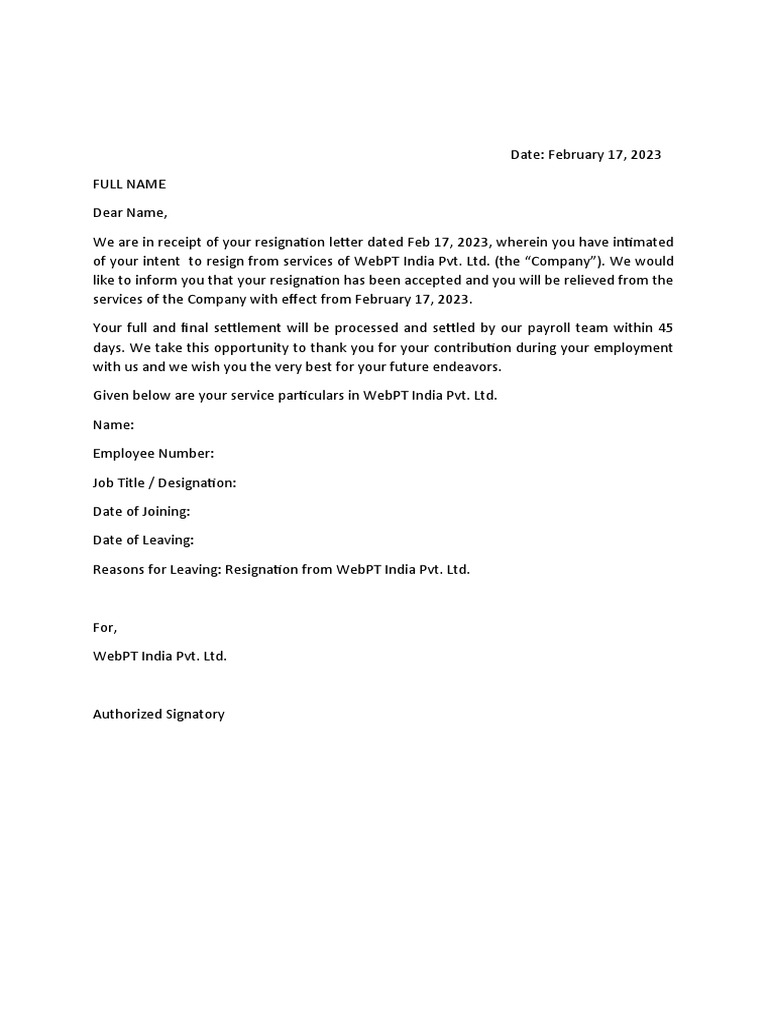 Relieving Letter - Template WebPT | PDF