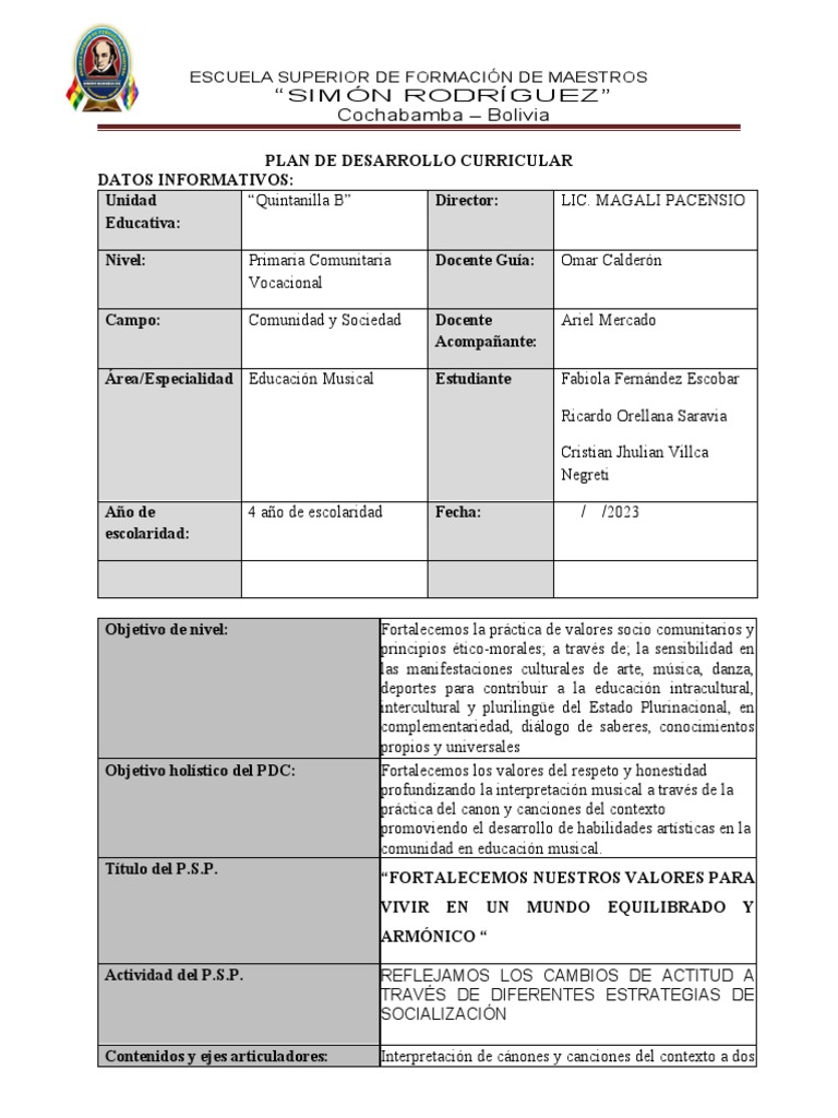 PLAN DE DESARROLLO CURRICULAR Comunitario | PDF | Bolivia