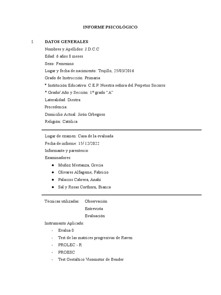 Formato de Informe Psicológico Para Niños (2).docx | PDF | Ciencia ...
