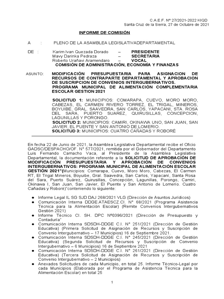 Inf. 027 Aprobación de Modificación Presupuestaria y Firma Convenio ... Inf. 027 Aprobación de Modificación Presupuestaria y Firma Convenio ...