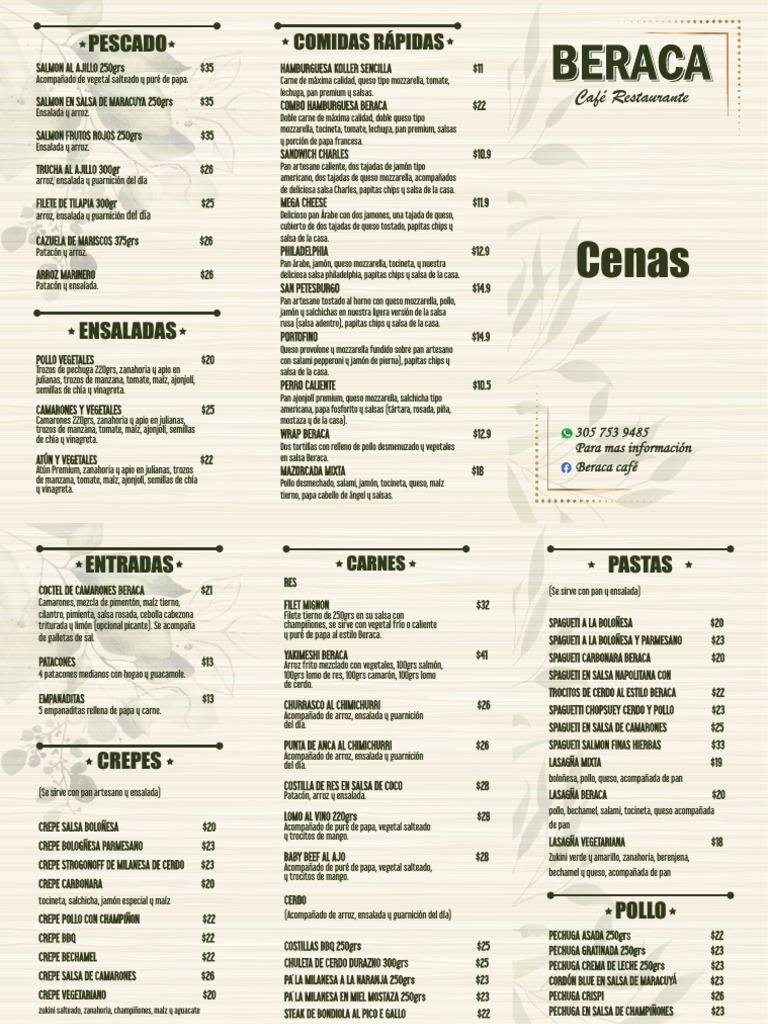 Menú del Beraca Café Restaurante | PDF | Vinagreta | Pancho