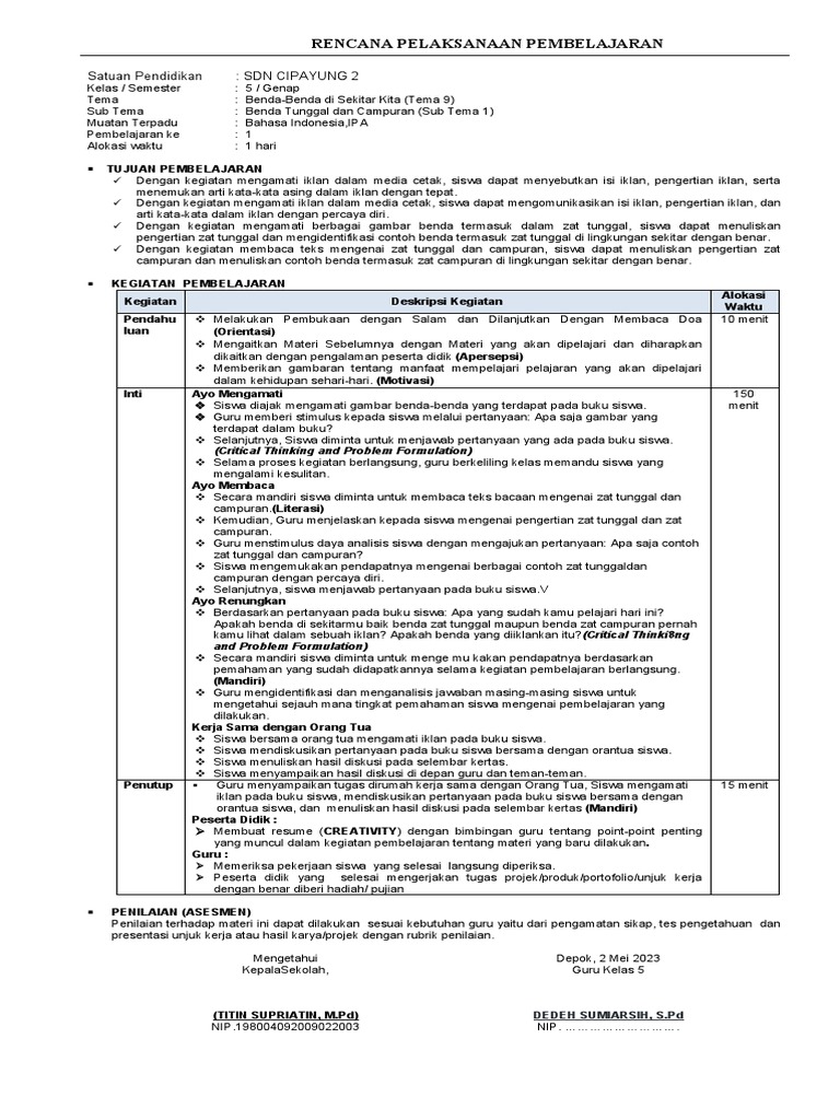RPP Tema 9 Kelas 5 Tp. 2022-2023 9 | PDF | Karier & Perkembangan