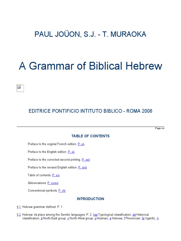 A4. Joüon & Muraoka. Grammar of Biblical Hebrew, A (Contents) | PDF | Hebrew Language | Verb