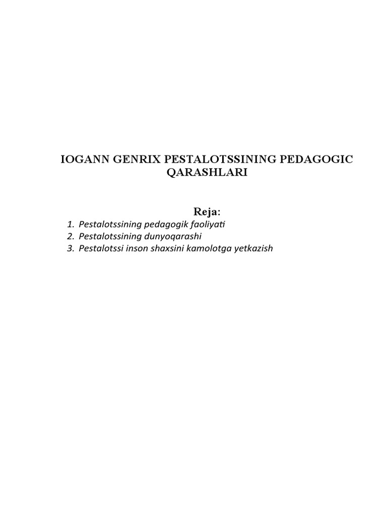 Iogann Genrix Pestalotssining Pedagogic Qarashlari | PDF