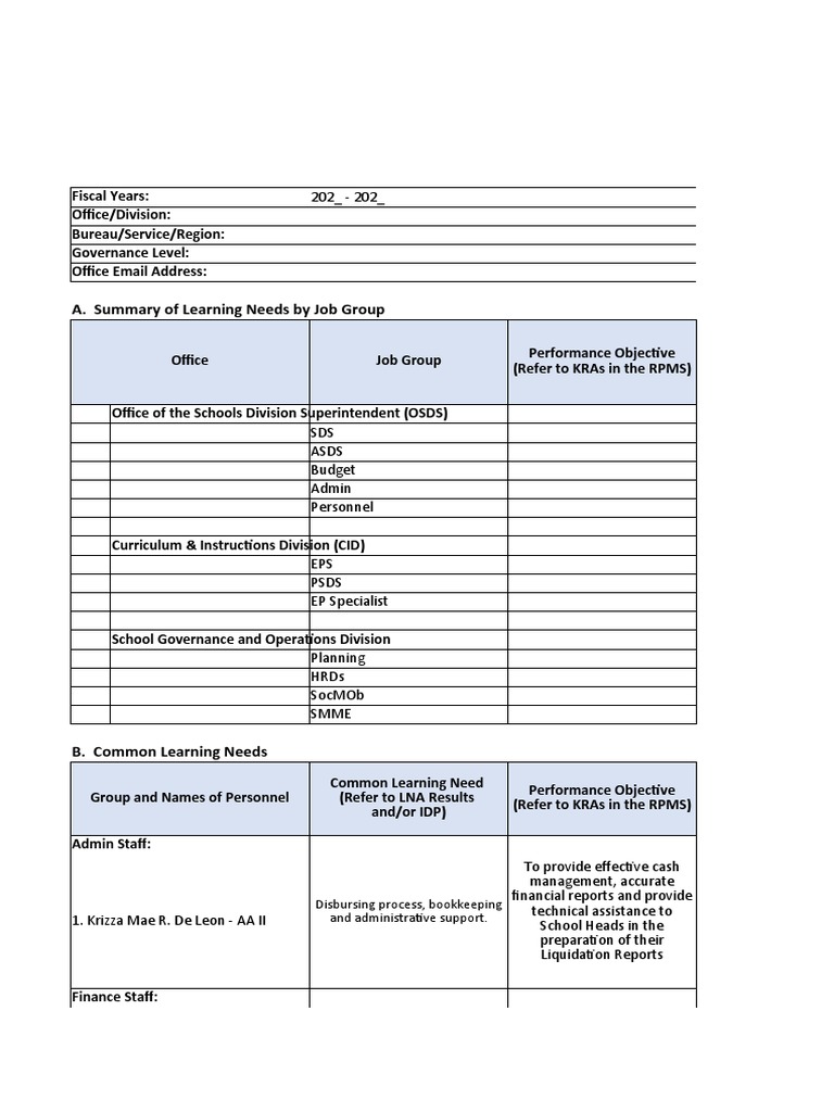 Office Learning Plan and Needs Assessment | PDF