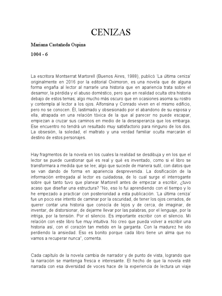 Reseña - CENIZAS | PDF | Narración | Novelas