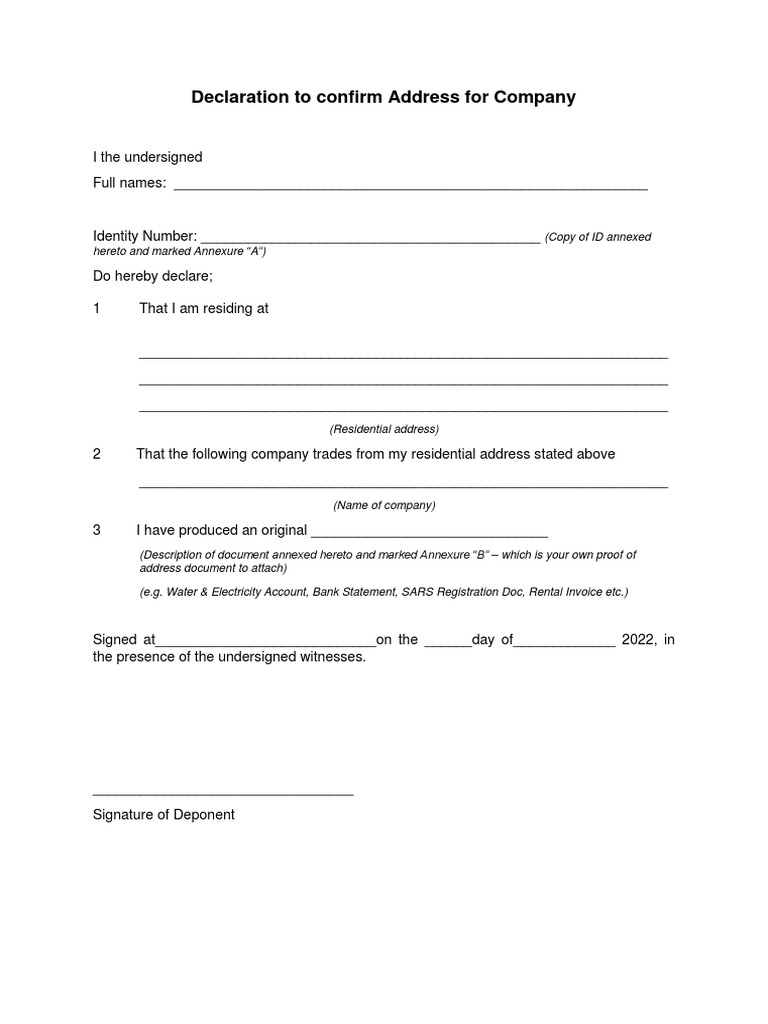 Declaration To Confirm Address For Company | PDF