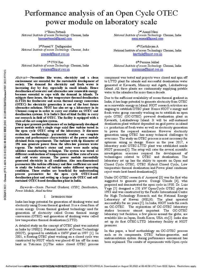 Performance Analysis of An Open Cycle OTEC Power Module On Laboratory ...