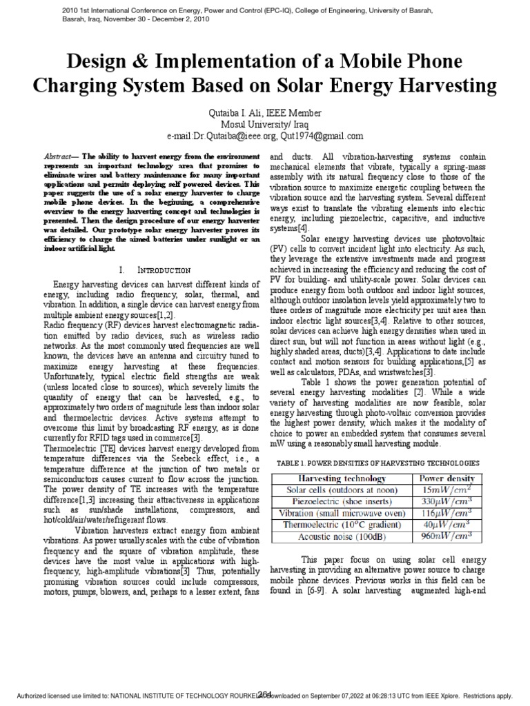 Design Amp Implementation of A Mobile Phone Charging System Based On Solar Energy Harvesting ...