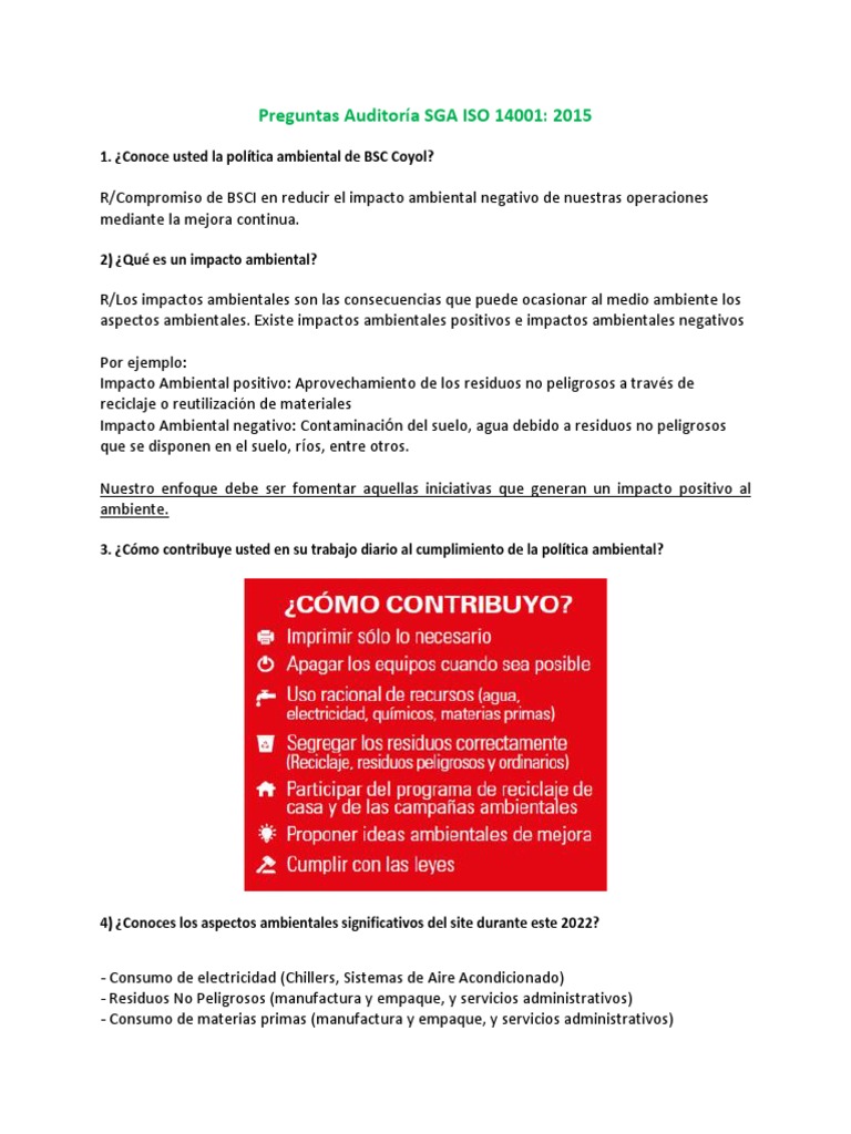 Guia de Preguntas para Las Áreas Auditoría SGA 2022 | Descargar gratis PDF | Residuos | Entorno ...