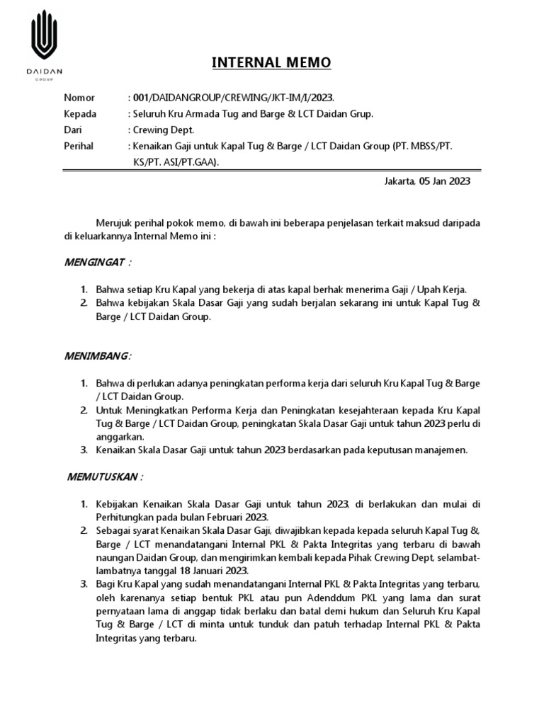 Internal Memo Kenaikan Gaji 2023 & Panduan Mengisi Internal PKL & Pi 2023 - Daidan Group | PDF