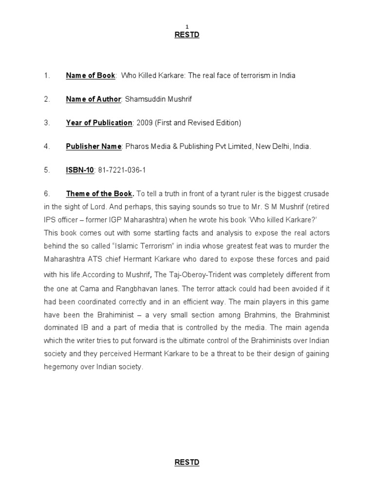 Book Analysis - Who Killed Karkare The Real Face of Terrorism in India ...