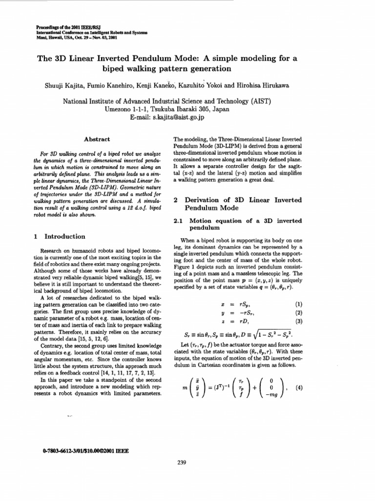 The 3d Linear Inverted Pendulum Mode A Simple Modeling For A Bip | PDF | Force | Trajectory