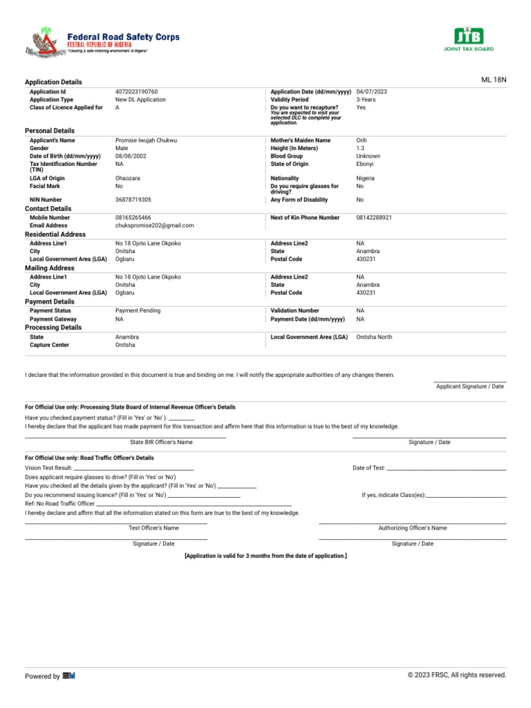 Nigeria Driver License Application Form | PDF | Identity Document
