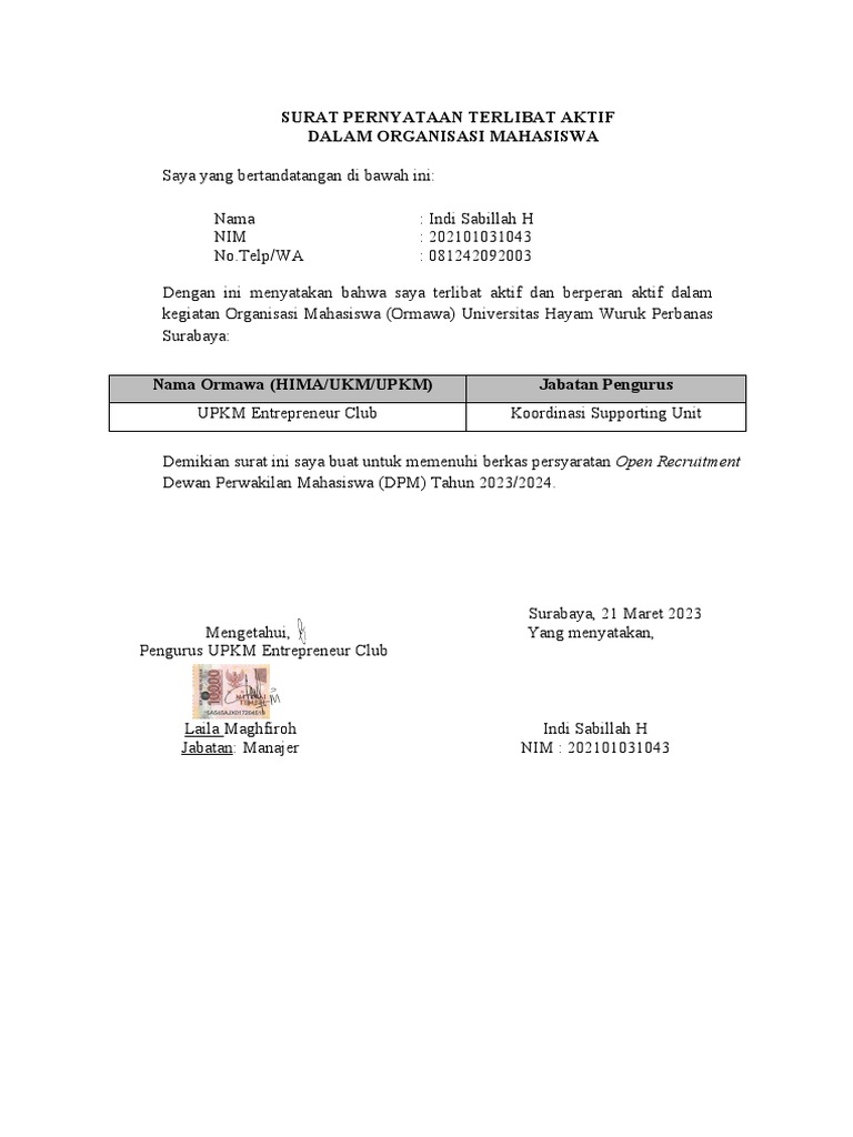 Format Surat Oprec DPM 2023-2024 | PDF