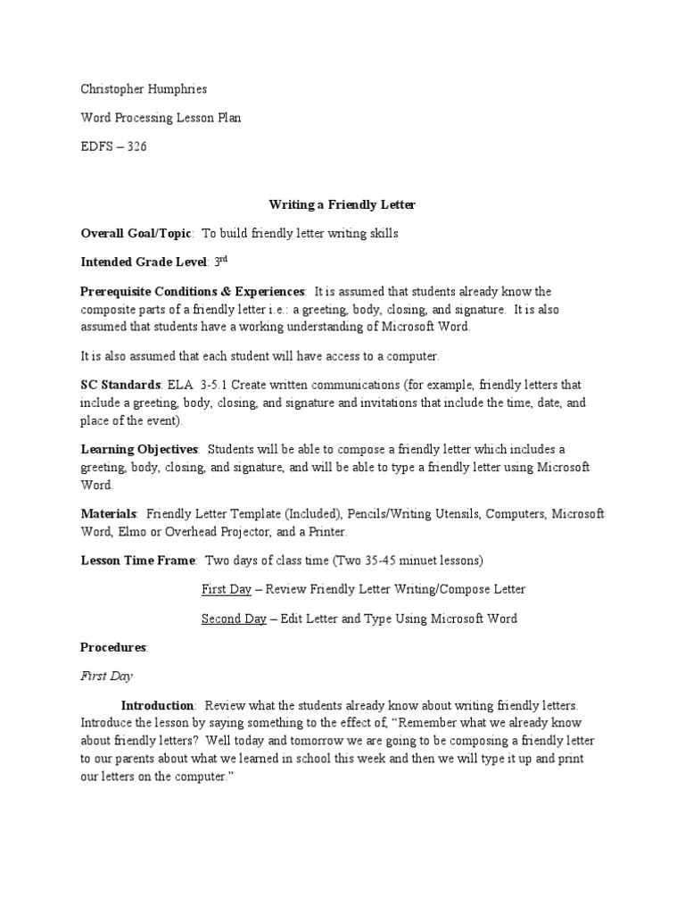 Friendly Letter Lesson Plan | PDF | Lesson Plan | Cognition