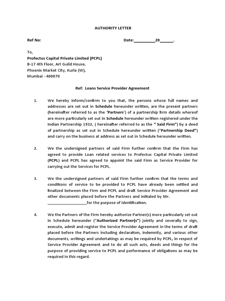 Partnership Authority Letter For DSA Agreement | PDF | Partnership | Deed