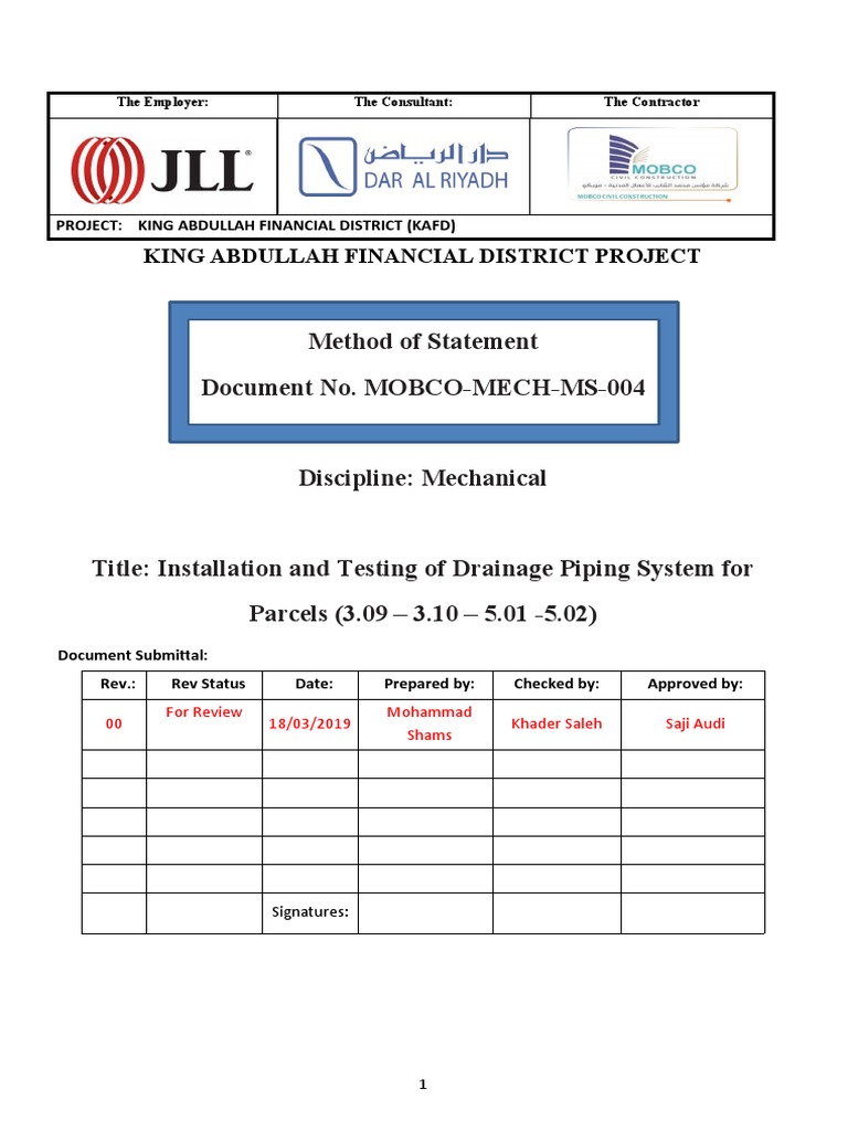 Drainage Piping Installation Method Statement | PDF | Pipe (Fluid ...