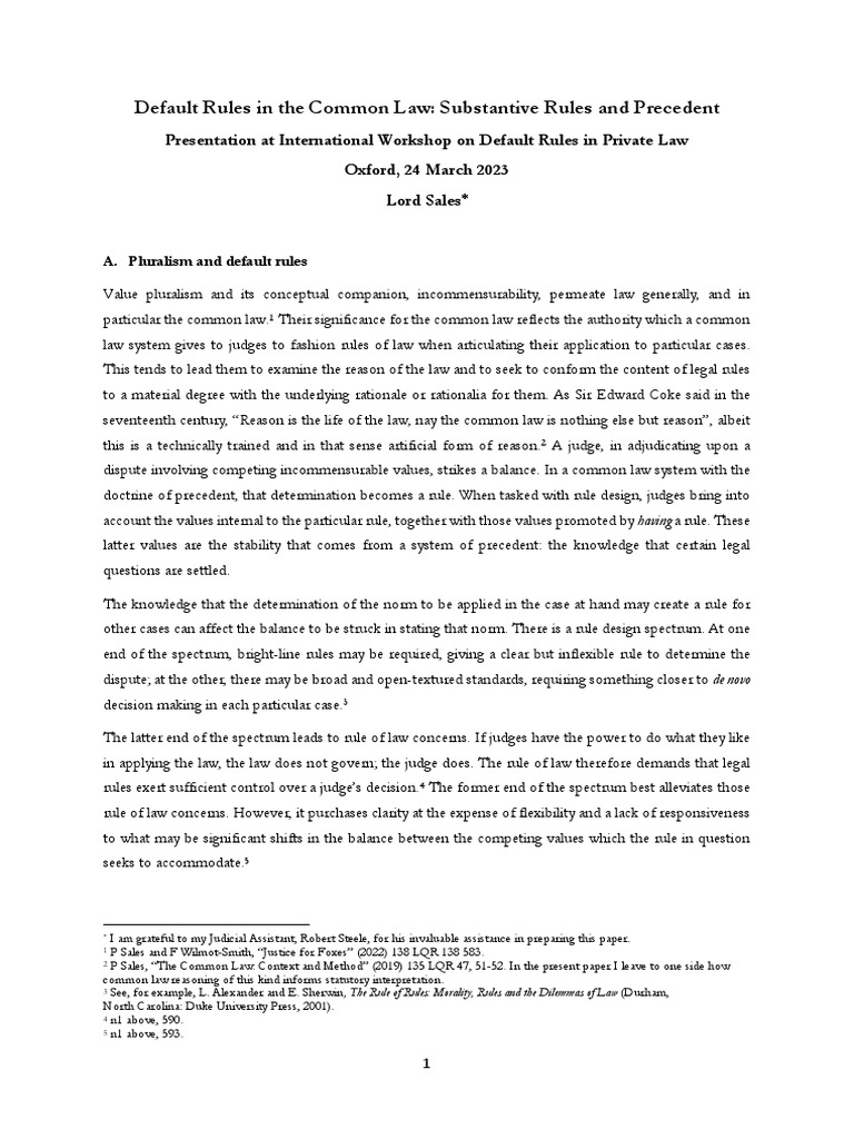 Default Rules in Common Law - Lord Sales | PDF | Precedent | Burden Of ...