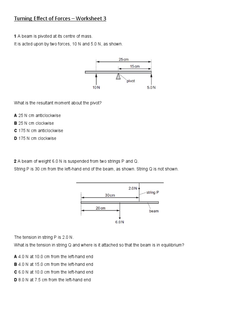 Turning Effect of Forces - Worksheet 3 | PDF | Force | Tension (Physics)