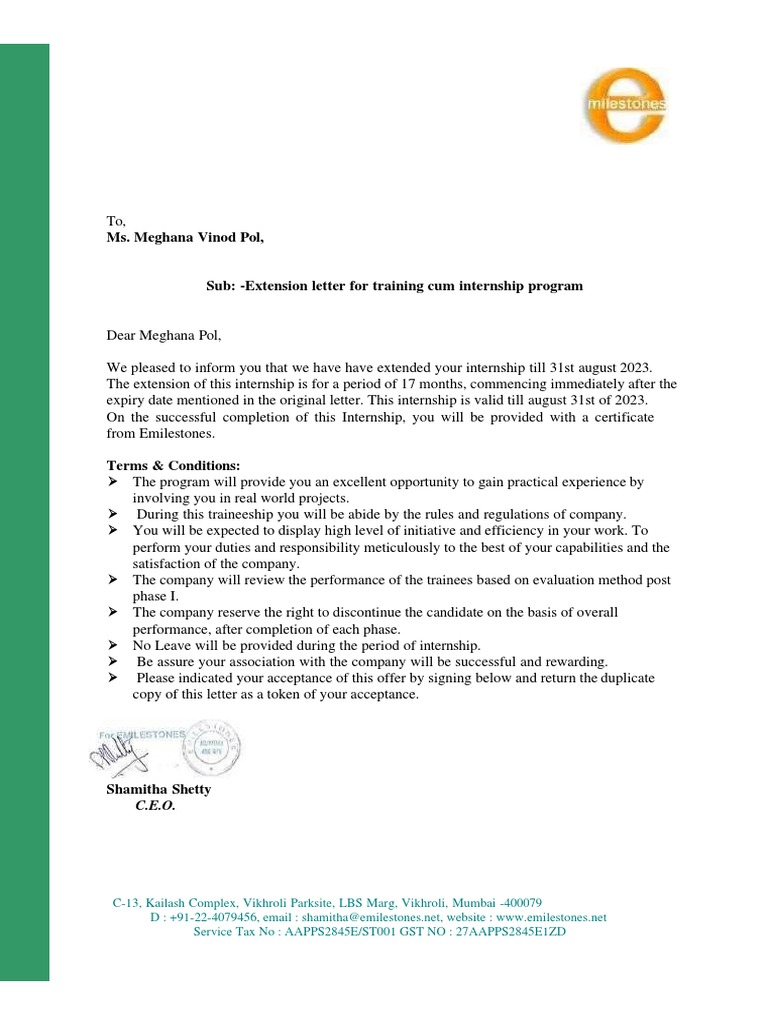 Extension of Internship - Meghna Pol | PDF