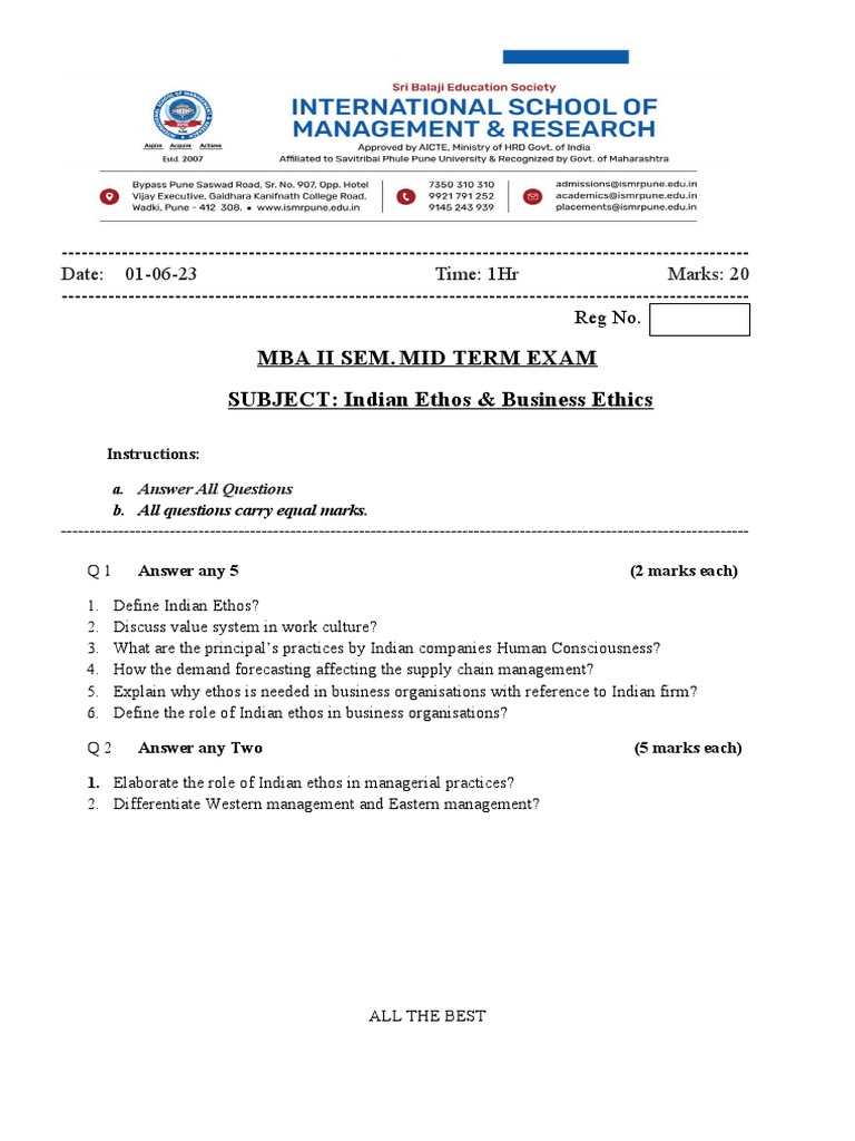 Indian Ethos in Business Ethics Exam | PDF | Business | Finance & Money ...